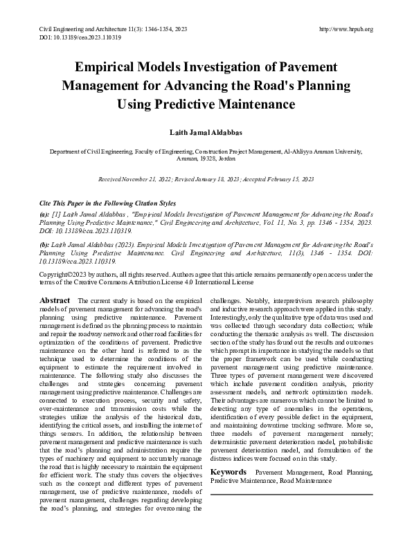 (PDF) Empirical Models Investigation of Pavement Management for Advancing the Road's Planning ...