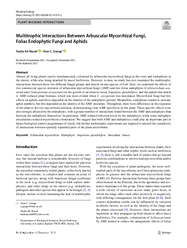 (PDF) Multitrophic Interactions Between Arbuscular Mycorrhizal Fungi, Foliar Endophytic Fungi ...