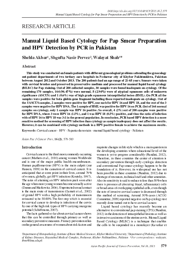 (PDF) Manual Liquid Based Cytology for Pap Smear Preparation and HPV ...