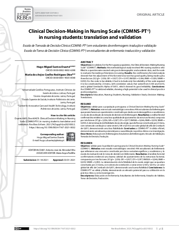 (PDF) Clinical Decision-Making in Nursing Scale (CDMNS-PT©) in nursing students: translation and ...