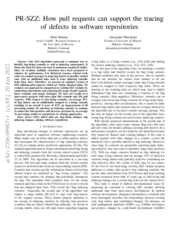 (PDF) PR-SZZ: How pull requests can support the tracing of defects in software repositories