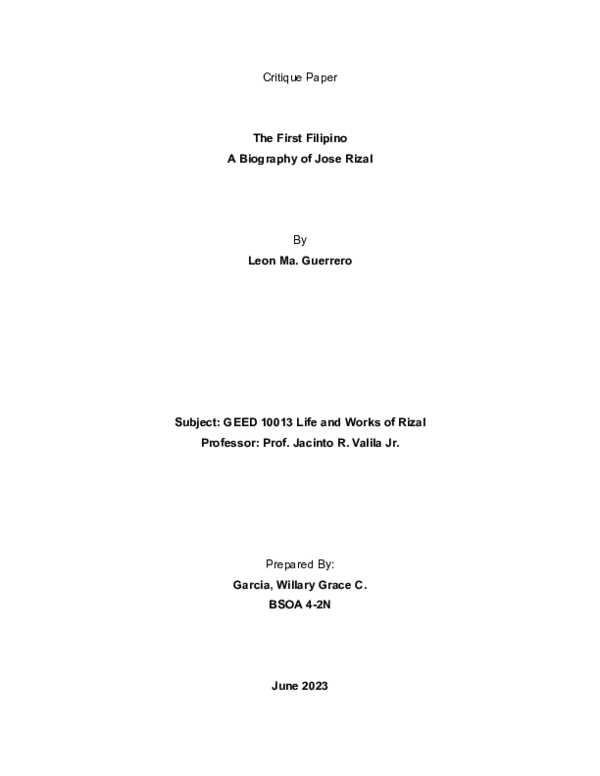 (PDF) A Critical Paper Summarizing Rizal's Life and Works from The ...