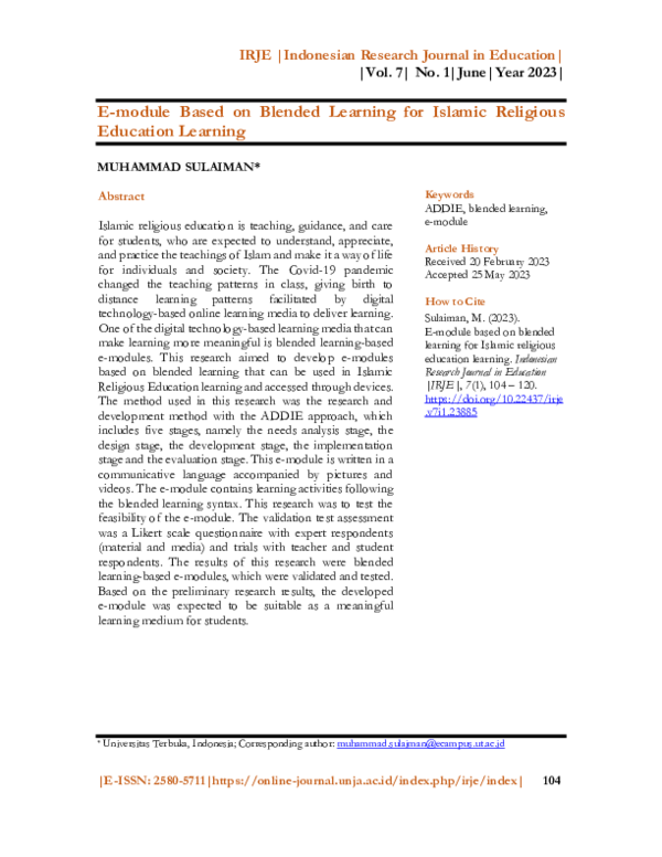 (PDF) E-module Based on Blended Learning for Islamic Religious Education Learning