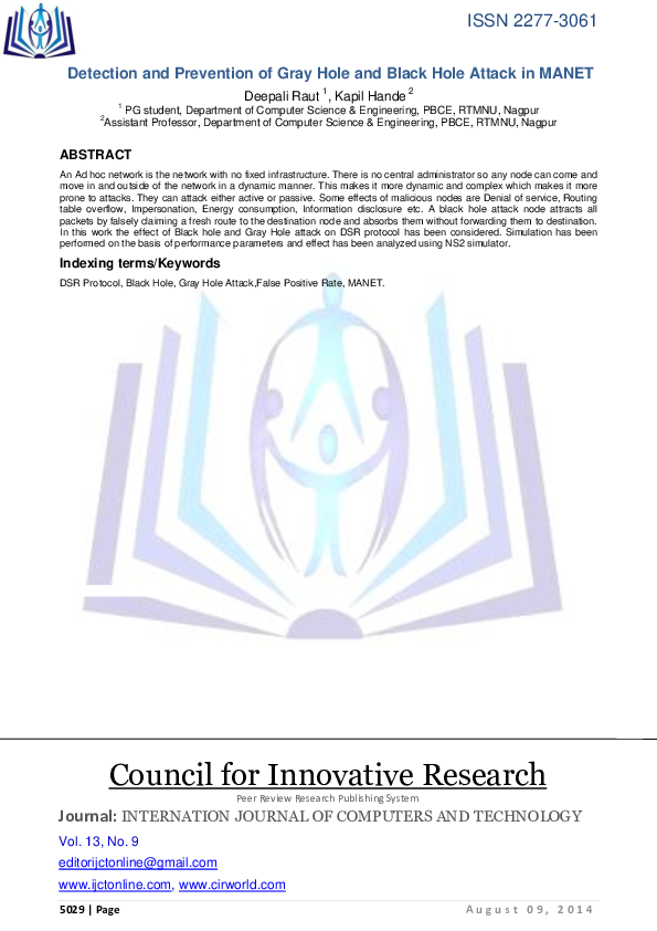 (PDF) Detection and Prevention of Gray Hole and Black Hole Attack in MANET