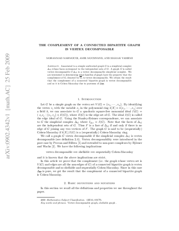 (PDF) The complement of a connected bipartite graph is vertex decomposable