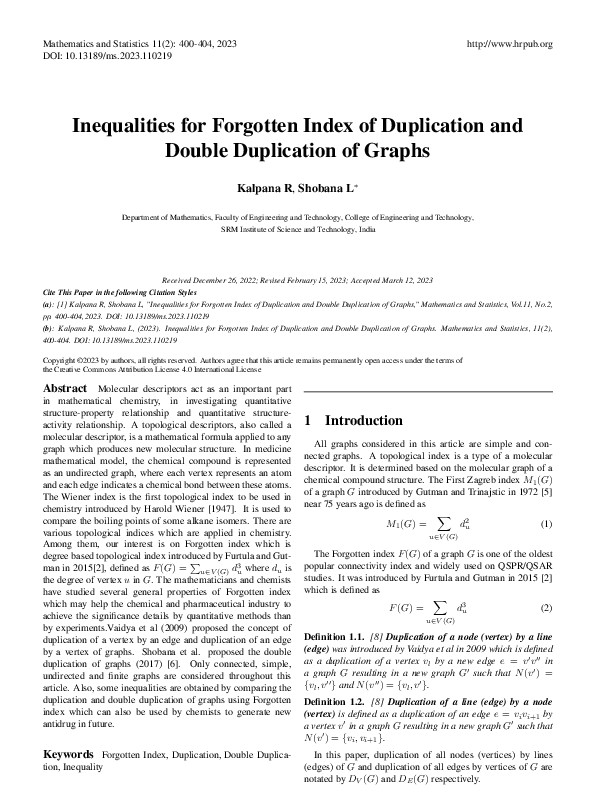 (PDF) Inequalities for Forgotten Index of Duplication and Double Duplication of Graphs