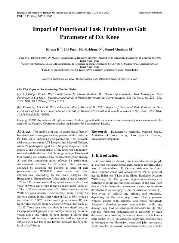 (PDF) Impact of Functional Task Training on Gait Parameter of OA Knee ...