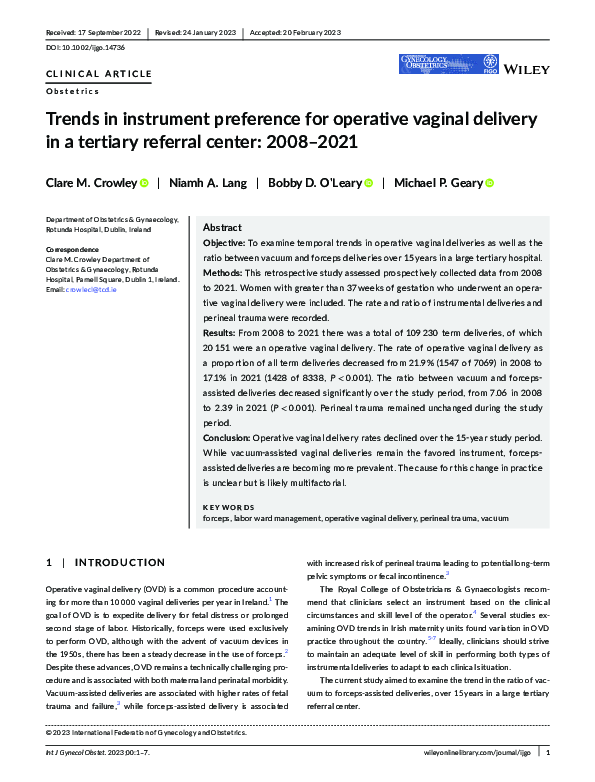 Pdf Trends In Instrument Preference For Operative Vaginal Delivery In A Tertiary Referral