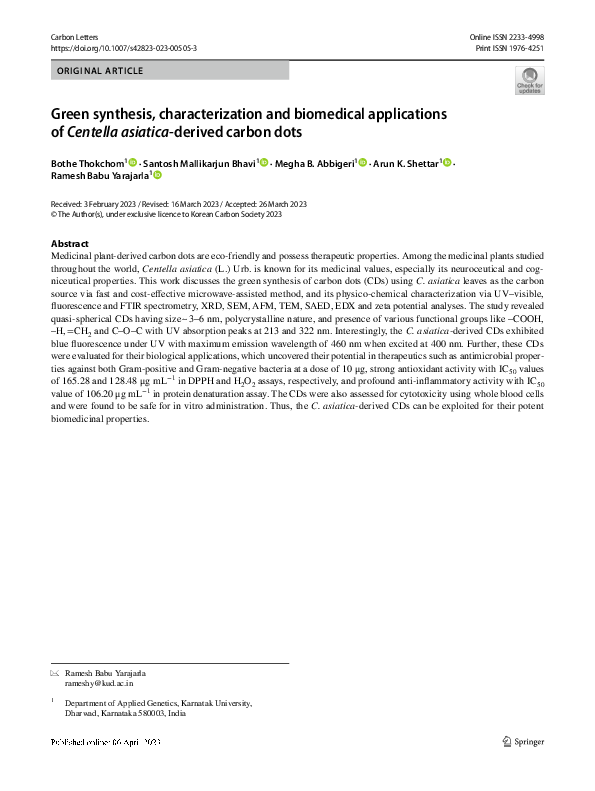 (PDF) Green synthesis, characterization and biomedical applications of Centella asiatica-derived ...