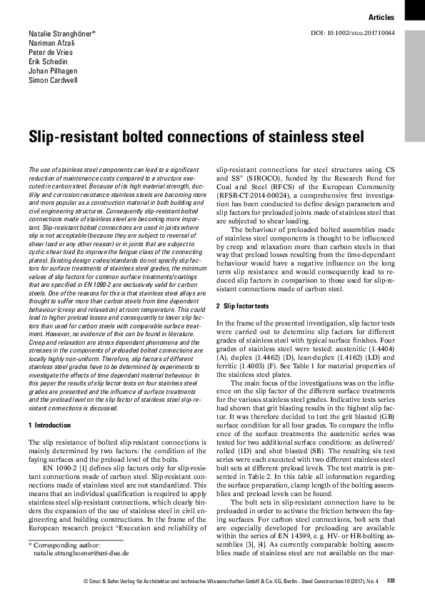 (PDF) Slip-resistant bolted connections of stainless steel | Nariman ...