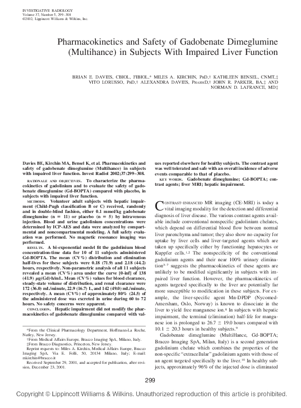 (PDF) Pharmacokinetics and Safety of Gadobenate Dimeglumine (Multihance ...