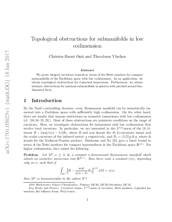(PDF) Topological obstructions for submanifolds in low codimension