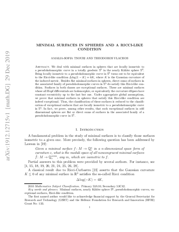 (PDF) Minimal surfaces in spheres and a Ricci-like condition