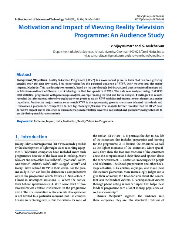 (PDF) Motivation and Impact of Viewing Reality Television Programme: An ...
