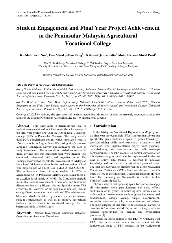 (PDF) Student Engagement and Final Year Project Achievement in the ...