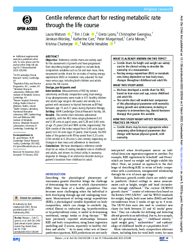(PDF) Centile reference chart for resting metabolic rate through the ...