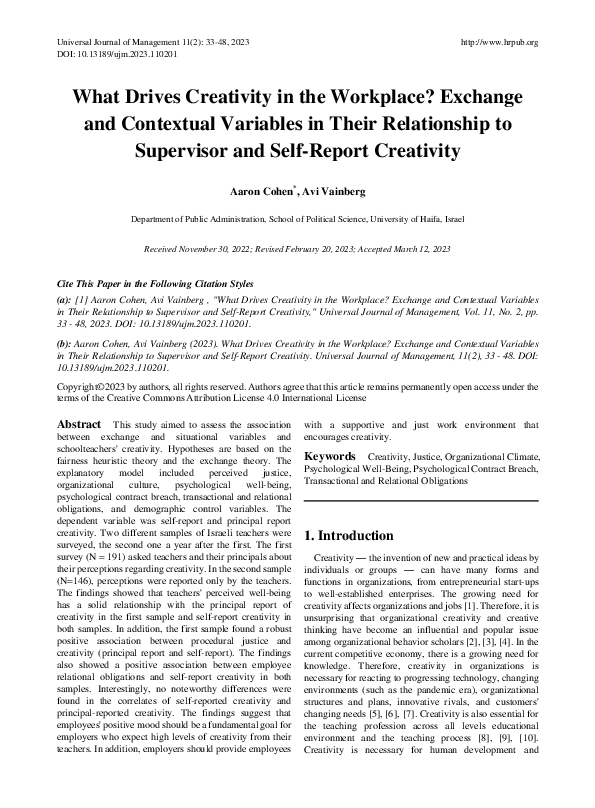 (PDF) What Drives Creativity in the Workplace? Exchange and Contextual Variables in Their ...