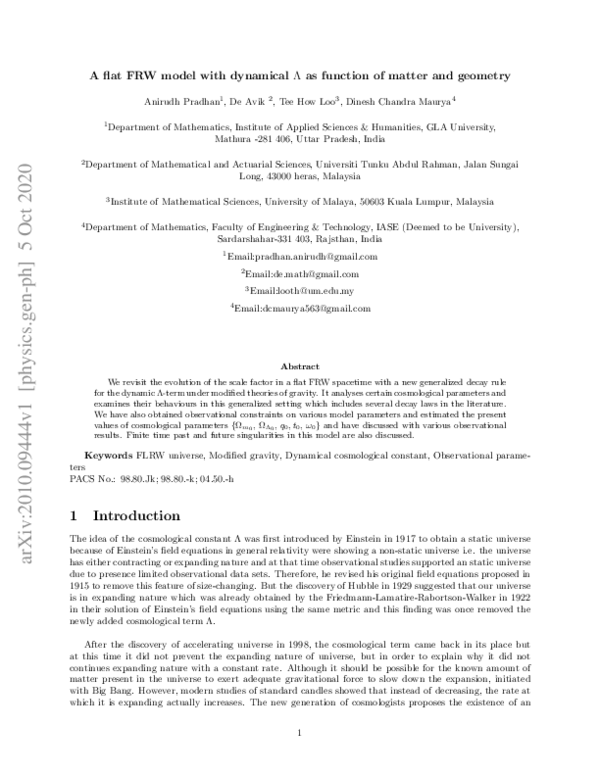 (PDF) A flat FLRW model with dynamical Λ as function of matter and geometry