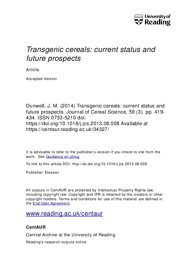 (PDF) Transgenic cereals: Current status and future prospects | Jim ...