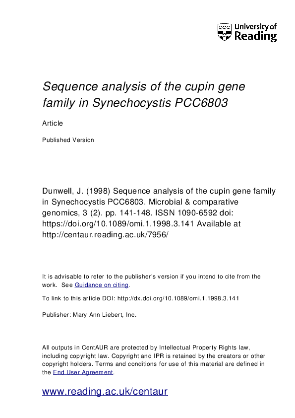 (PDF) Sequence Analysis of the Cupin Gene Family inSynechocystisPCC6803