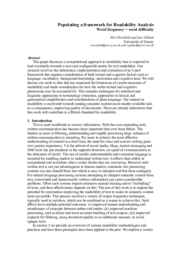 (PDF) Populating a framework for Readability Analysis