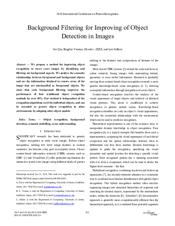(PDF) Background Filtering for Improving of Object Detection in Images (PDF) Background Filtering for Improving of Object Detection in Images
