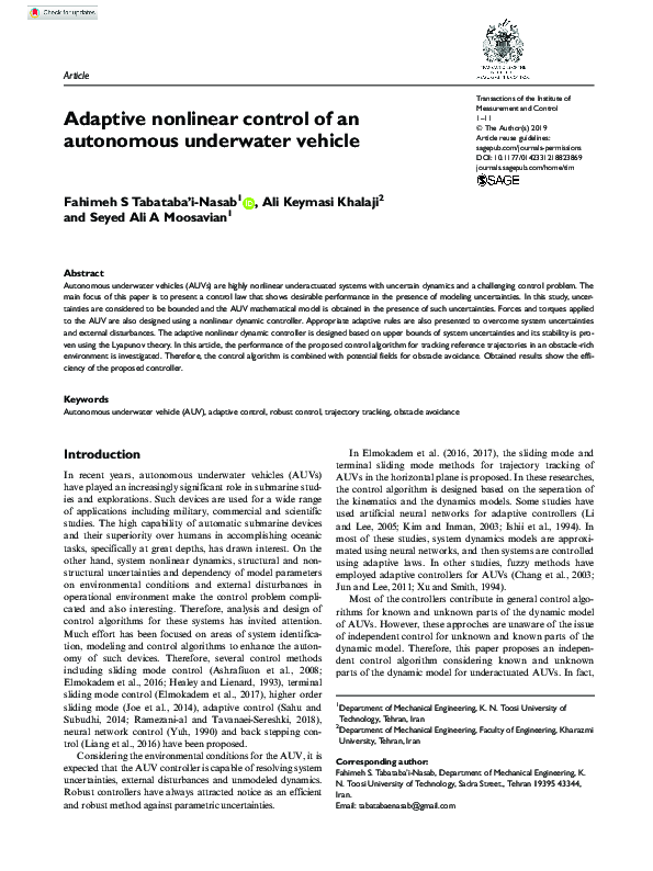 (PDF) Adaptive nonlinear control of an autonomous underwater vehicle