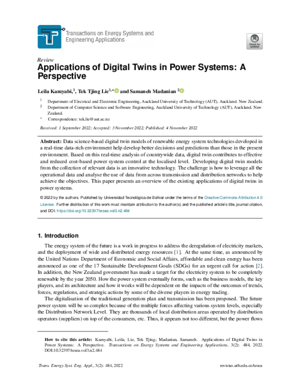 (PDF) Applications of Digital Twins in Power Systems: A Perspective