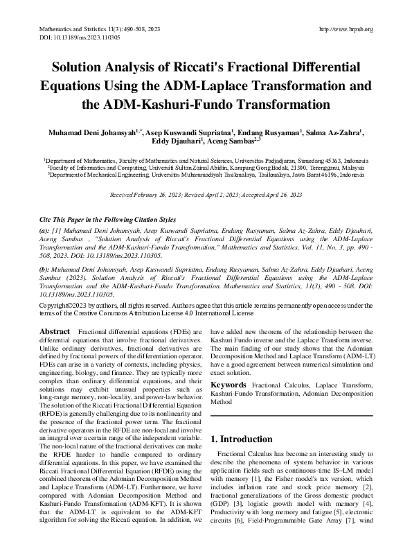 Pdf Solution Analysis Of Riccatis Fractional Differential Equations Using The Adm Laplace