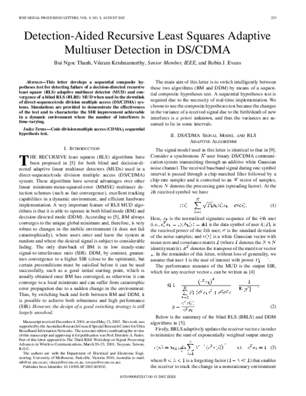 (PDF) Detection-aided recursive least squares adaptive multiuser detection in DS/CDMA