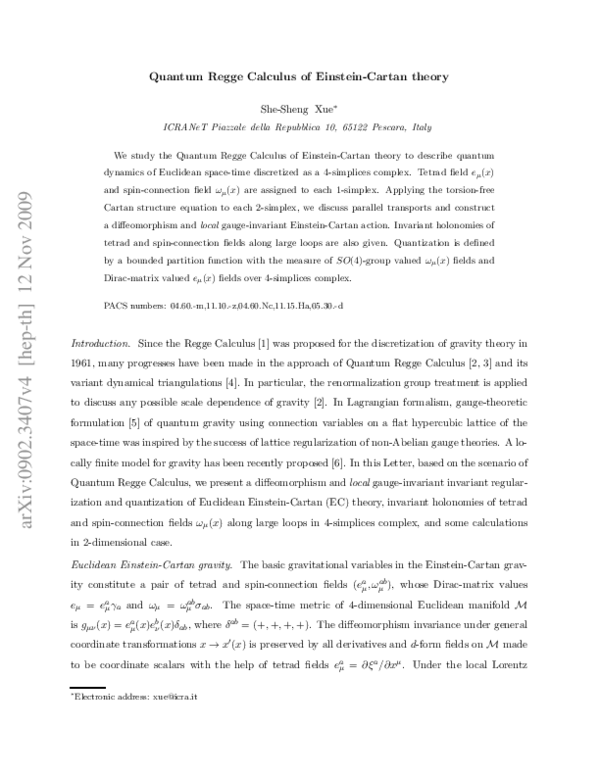 (PDF) Quantum Regge Calculus of Einstein–Cartan theory