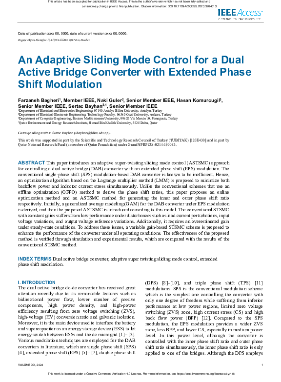 Pdf An Adaptive Sliding Mode Control For A Dual Active Bridge Converter With Extended Phase