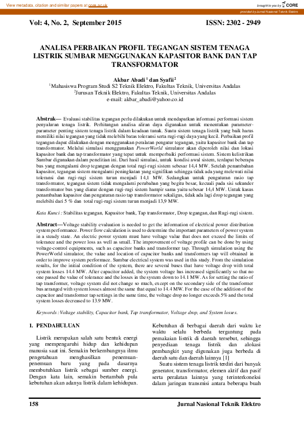 (PDF) Analisa Perbaikan Profil Tegangan Sistem Tenaga Listrik Sumbar Menggunakan Kapasitor Bank ...
