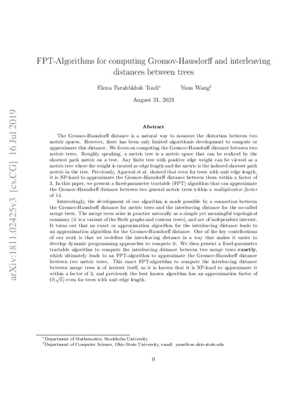 (PDF) FPT-algorithms for computing Gromov-Hausdorff and interleaving distances between trees