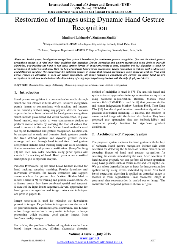 (PDF) Restoration of Images using Dynamic Hand Gesture Recognition