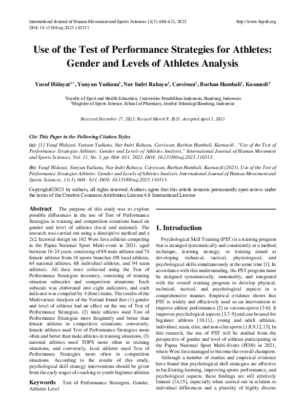 (PDF) Use of the Test of Performance Strategies for Athletes: Gender ...
