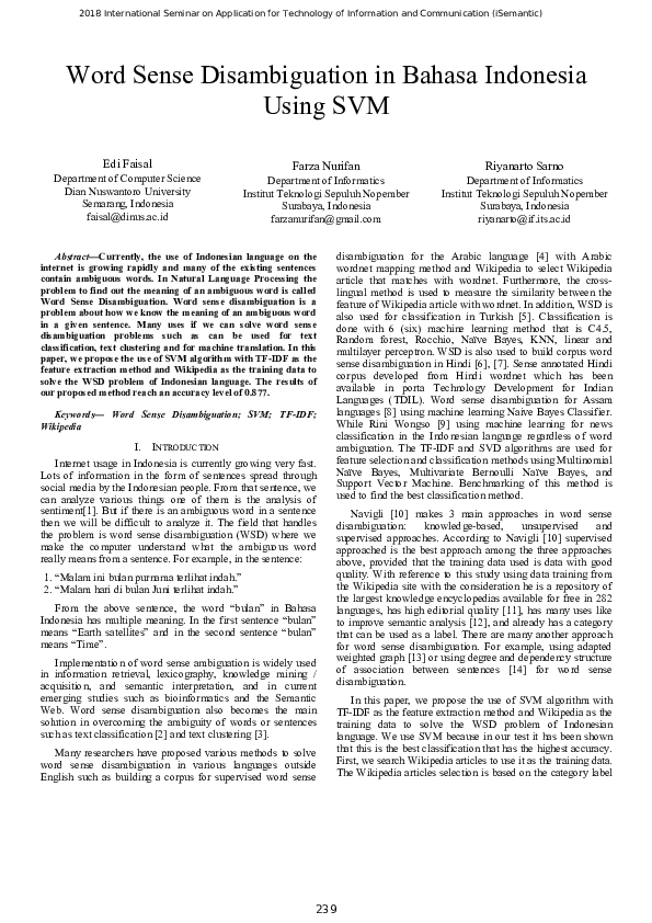 (PDF) Word Sense Disambiguation in Bahasa Indonesia Using SVM