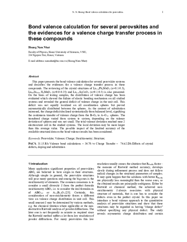 (PDF) Bond valence calculation for several perovskites and the ...