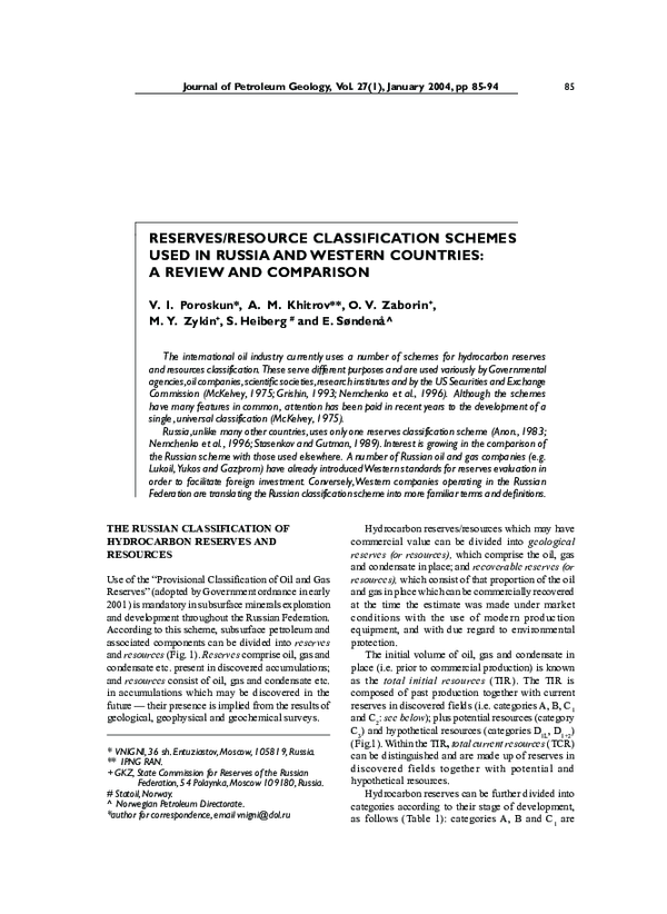 (PDF) Reserves/Resource Classification Schemes Used in Russia and ...