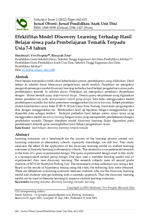 (PDF) Efektifitas Model Discovery Learning Terhadap Hasil Belajar siswa pada Pembelajaran ...