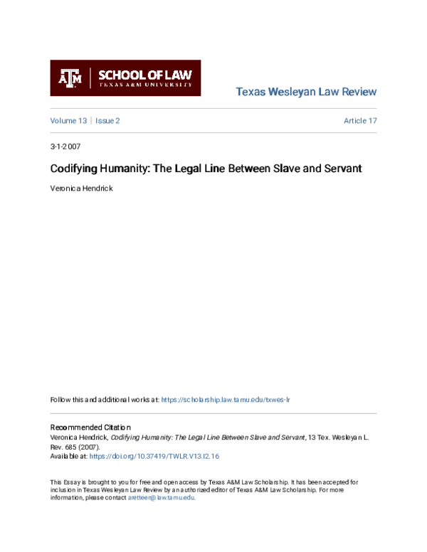 (PDF) Codifying Humanity: The Legal Line Between Slave and Servant