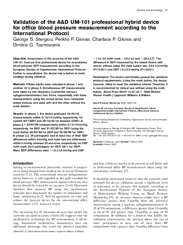 (PDF) Validation of the A&D UM-101 professional hybrid device for ...