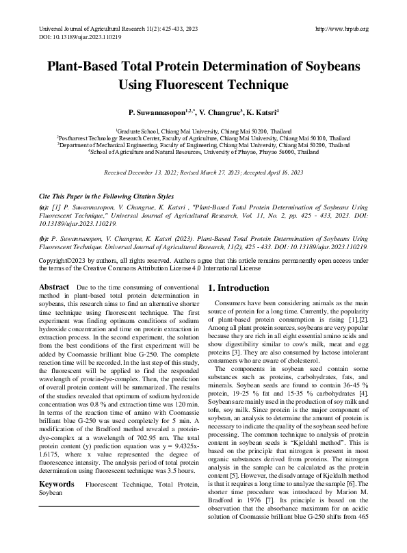 (PDF) Plant-Based Total Protein Determination of Soybeans Using Fluorescent Technique