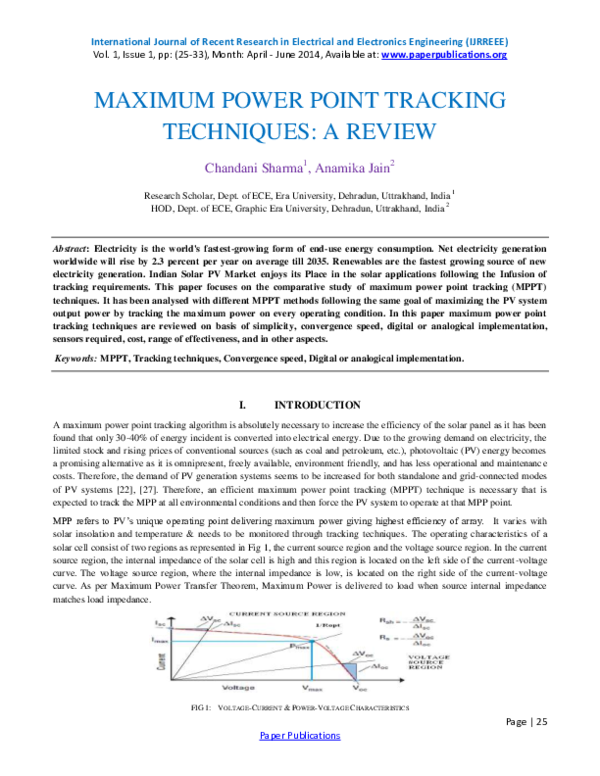 (PDF) Maximum Power Point Tracking Techniques: A Review (PDF) Maximum Power Point Tracking Techniques: A Review