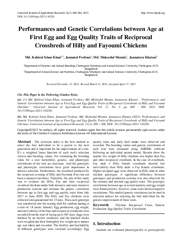 Pdf Performances And Genetic Correlations Between Age At First Egg And Egg Quality Traits Of