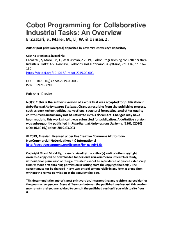 (PDF) Cobot programming for collaborative industrial tasks: An overview
