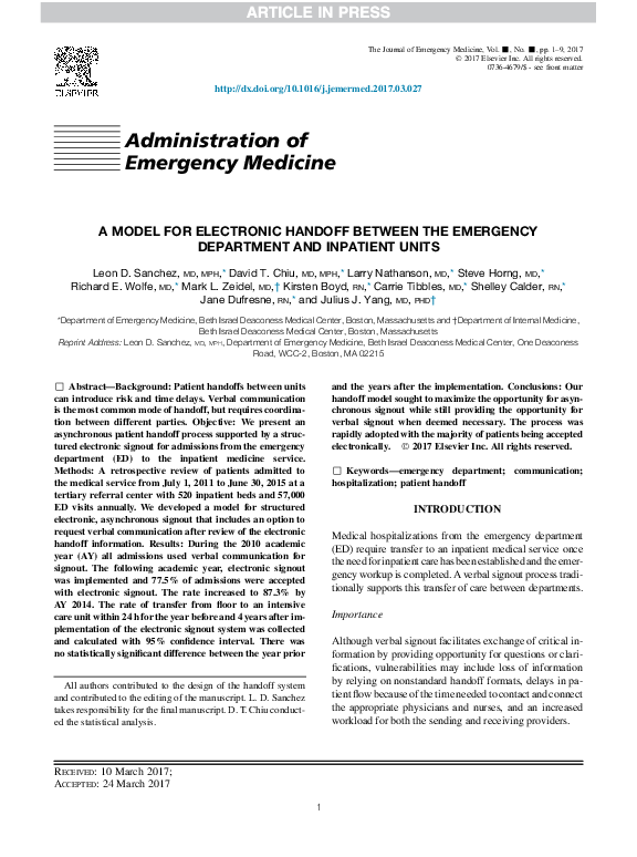 (PDF) A Model for Electronic Handoff Between the Emergency Department ...