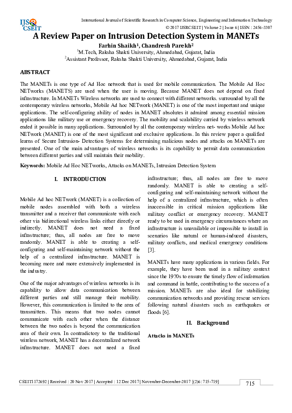 (PDF) CSEIT1172692 | A Review Paper on Intrusion Detection System in MANETs