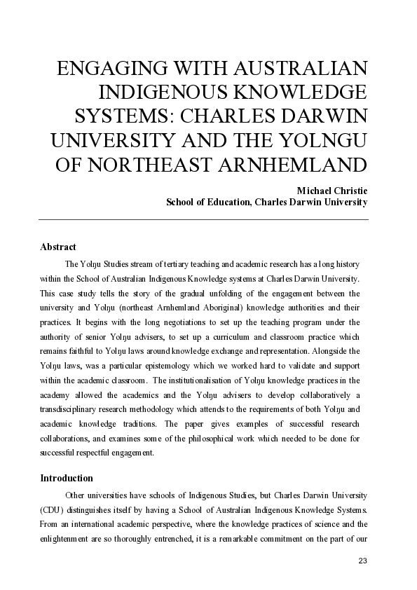 (PDF) Engaging with Australian Indigenous Knowledge Systems: Charles ...