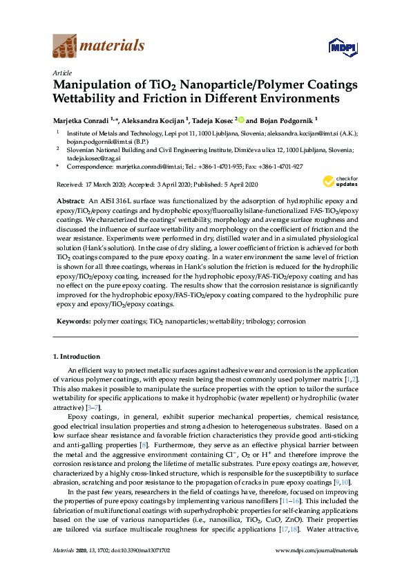 (PDF) Manipulation of TiO2 Nanoparticle/Polymer Coatings Wettability ...
